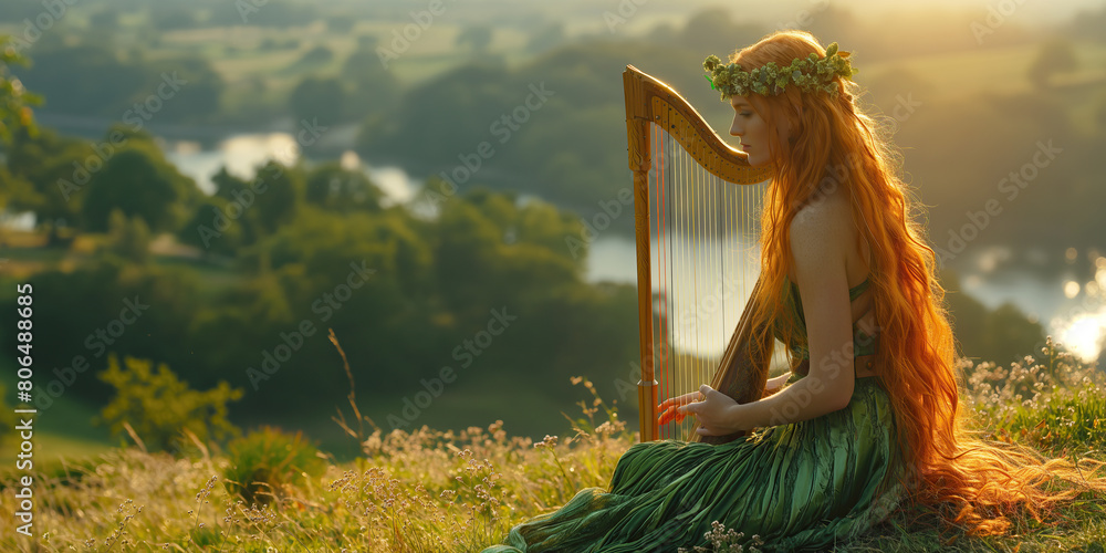 Emerald Isle concept. Portrait of beautiful red-haired young woman playing musical instrument ...