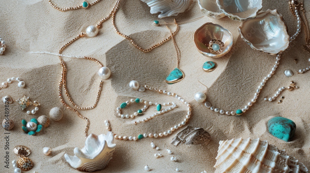 In this artistic landscape, a necklace lies on a circle of sand ...