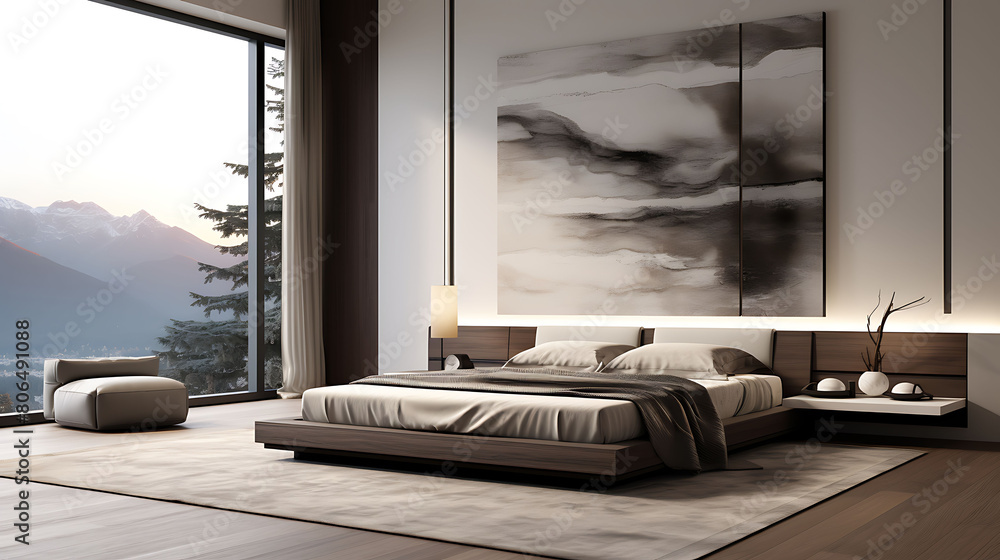 A modern and minimalist bedroom design with a monochromatic color ...