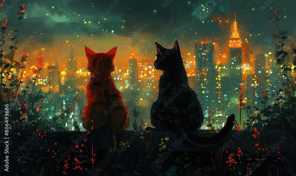 Two cats are sitting on a ledge overlooking a city at night Stock ...