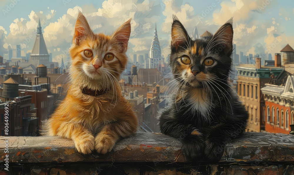 Two cats are sitting on a ledge overlooking the city. They are both ...
