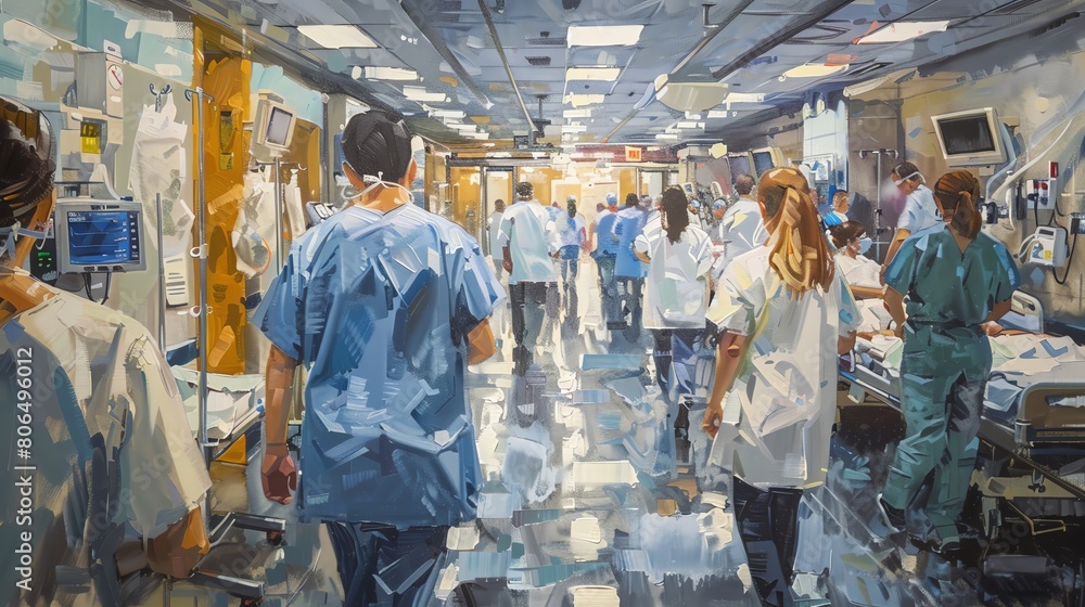 Produce a detailed traditional oil painting of a wide-angle view inside ...