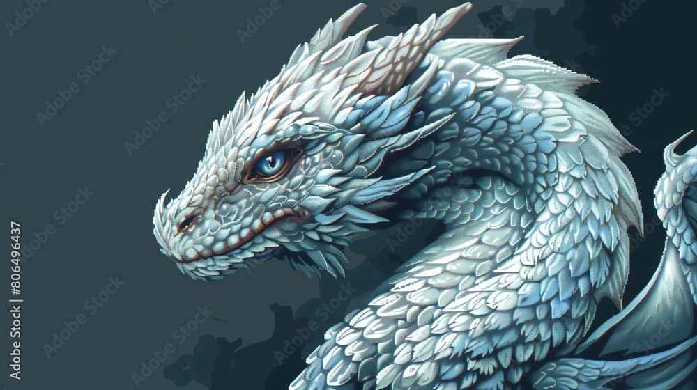 Render a pixel art image of a quicksilver dragon in a frontal view ...