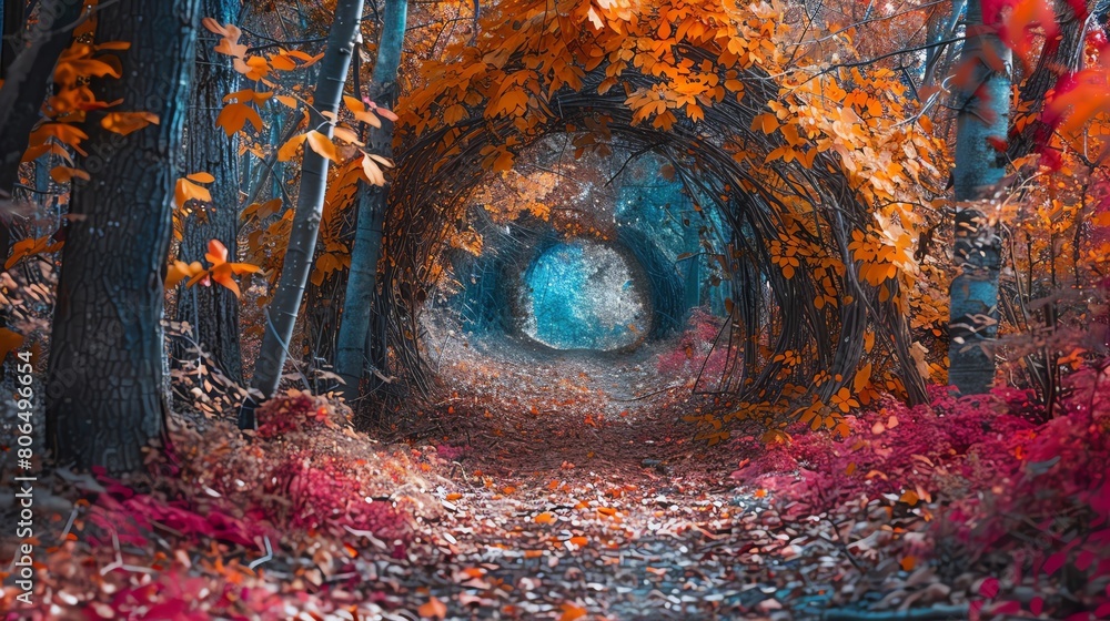 Visualize a forest trail disappearing into a tunnel of vibrant autumn ...