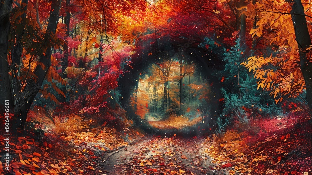 Visualize a forest trail disappearing into a tunnel of vibrant autumn ...