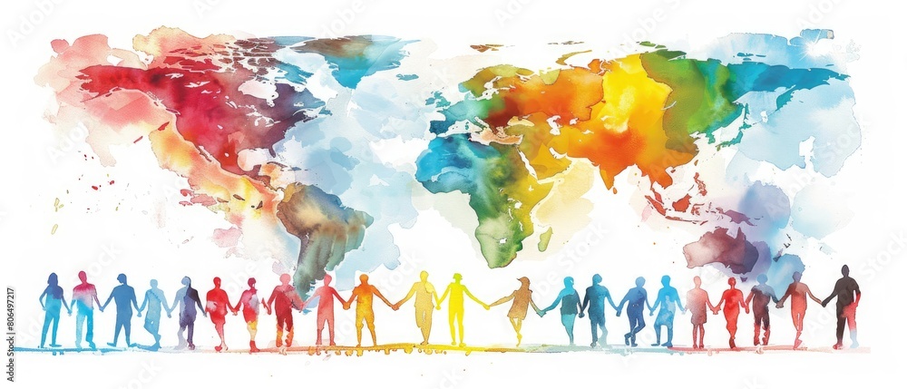 People around the world holding hands in front of a watercolor world ...
