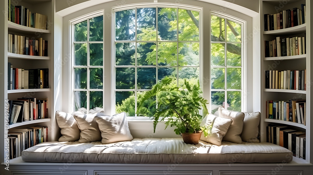 Bay window with seat and built-in bookshelves, Stock Illustration ...