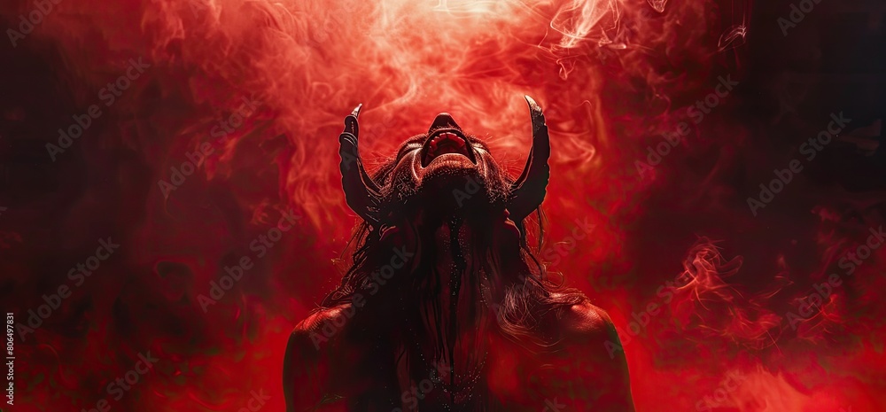 The devil emerges from the depths of hell, his eyes glowing red with ...