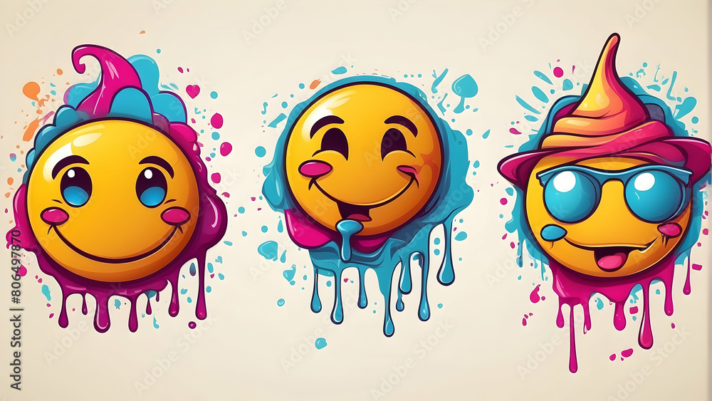 Three cheerful cartoon emoji faces with colorful paint drips, conveying ...