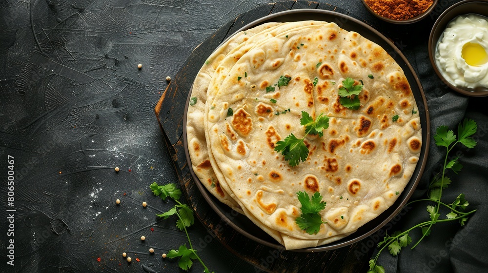Indian flatbread stuffed with potatoes, aloo paratha, served with ...