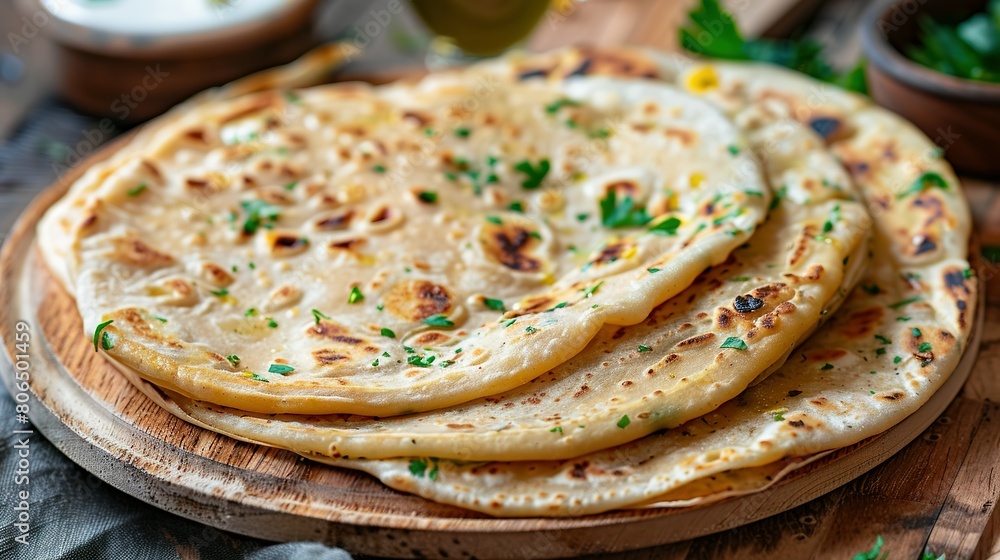 Indian flatbread stuffed with potatoes, aloo paratha, served with ...