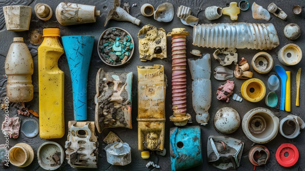 Detailed view of various used and weathered plastic parts, illustrating ...