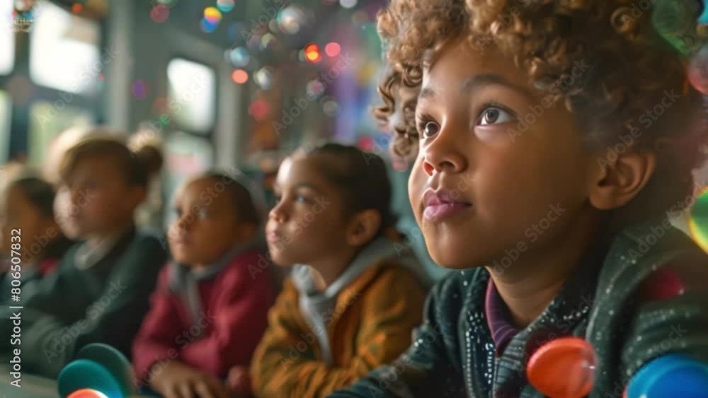 An elementary school student in a classroom filled with CGI technology ...