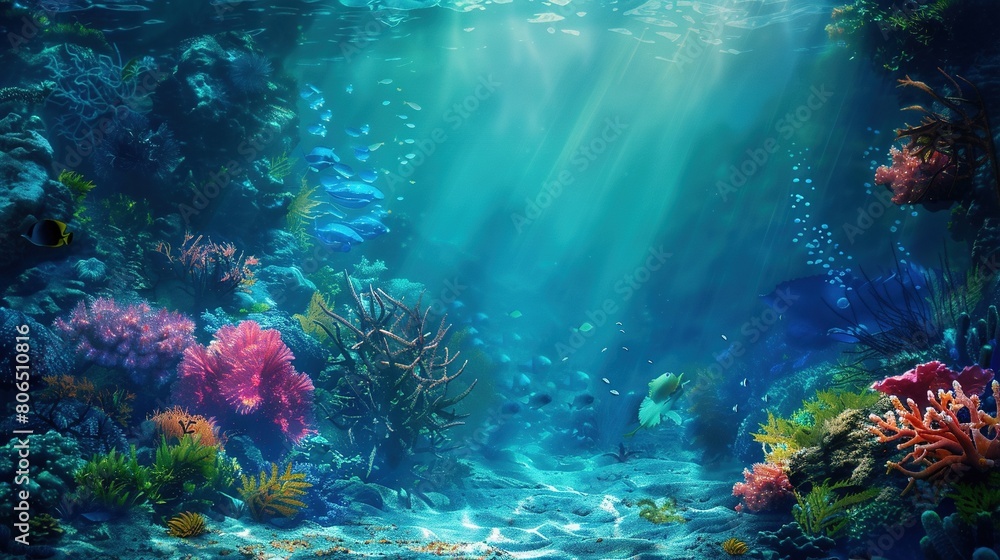 World Oceans Day. World Water Day. Blue ocean underwater life with ...