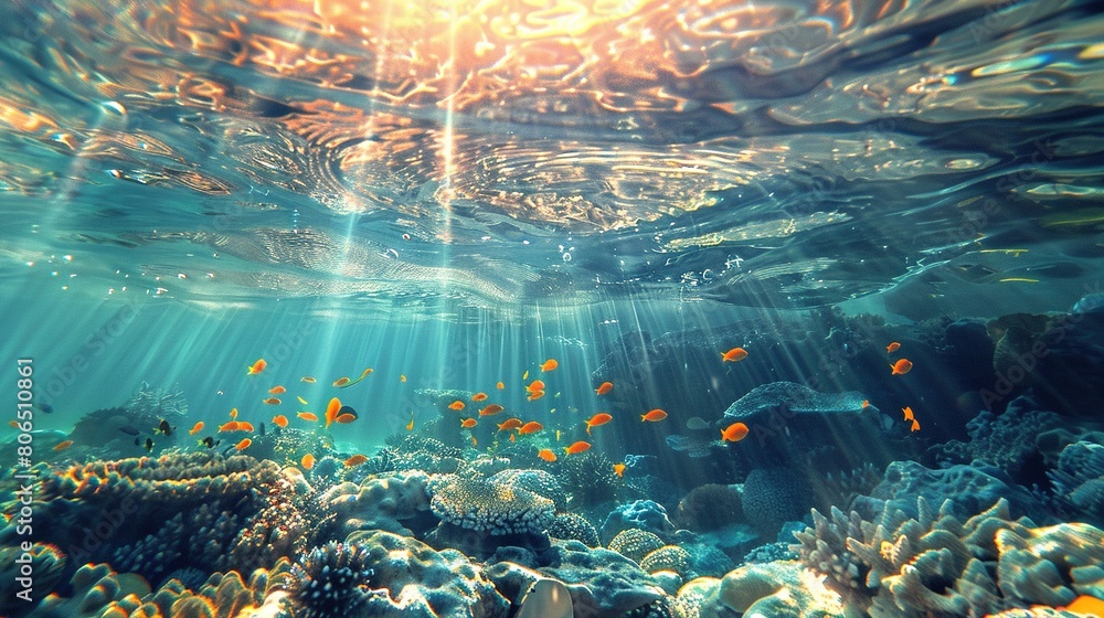 World Oceans Day. World Water Day. Blue ocean underwater life with ...