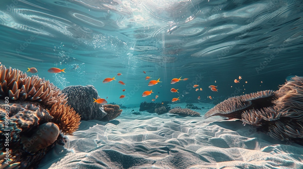 World Oceans Day. World Water Day. Blue ocean underwater life with ...