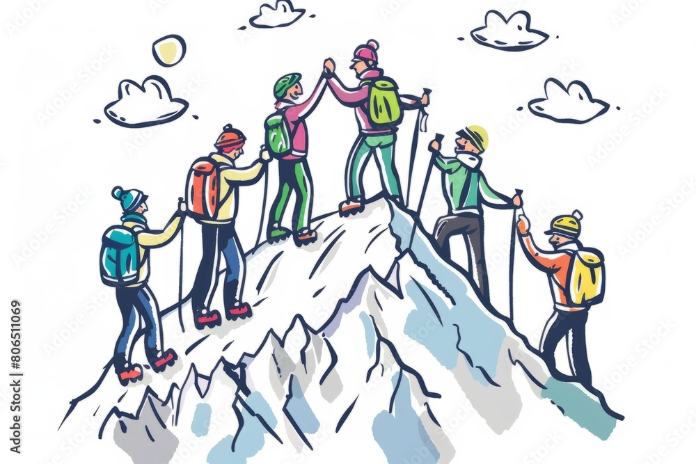 Cartoon cute doodles of mountain climbers making their way up a steep ...