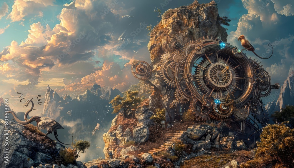 A fantasy scene where mythical creatures wind up a massive clock with ...