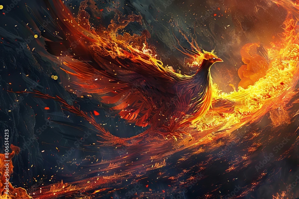 A phoenix diving into a lake of molten lava, its body igniting into ...