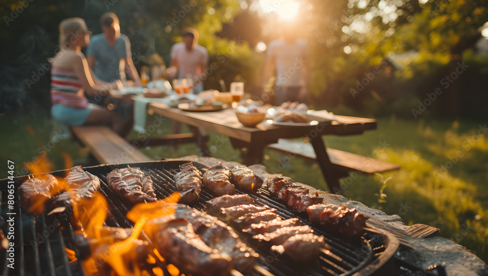 close up view of barbecued meat on table with people at house garden in ...