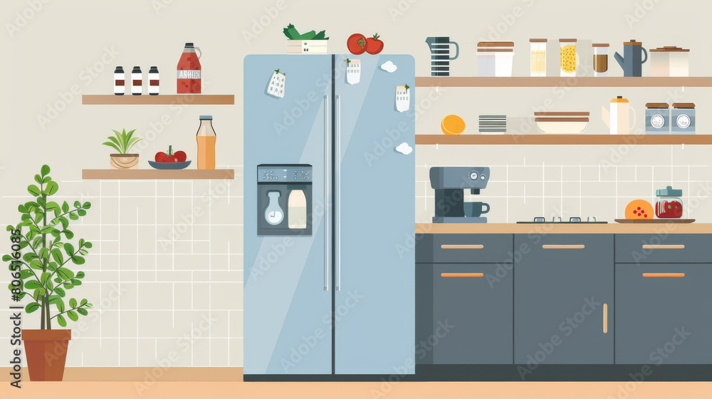 Stylized illustration of a modern kitchen interior with appliances ...