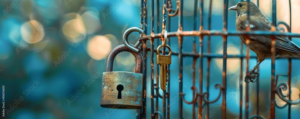 An oldfashioned padlock inside a birdcage, with a key hanging just ...