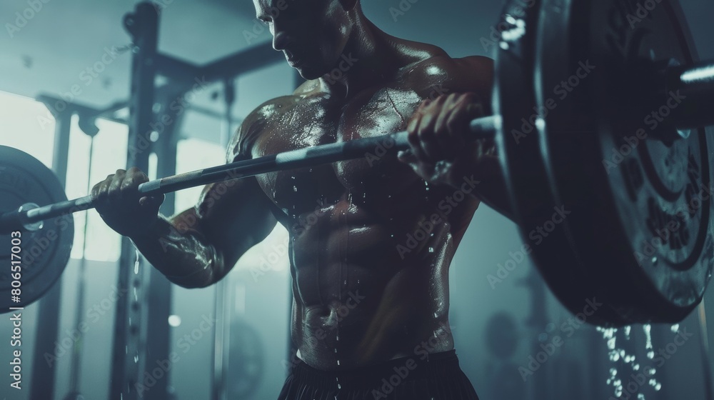 A determined man lifting weights at the gym, veins popping and muscles ...