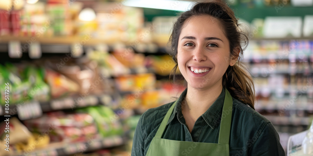 A portrait shows an attractive female grocery store employee wearing a ...