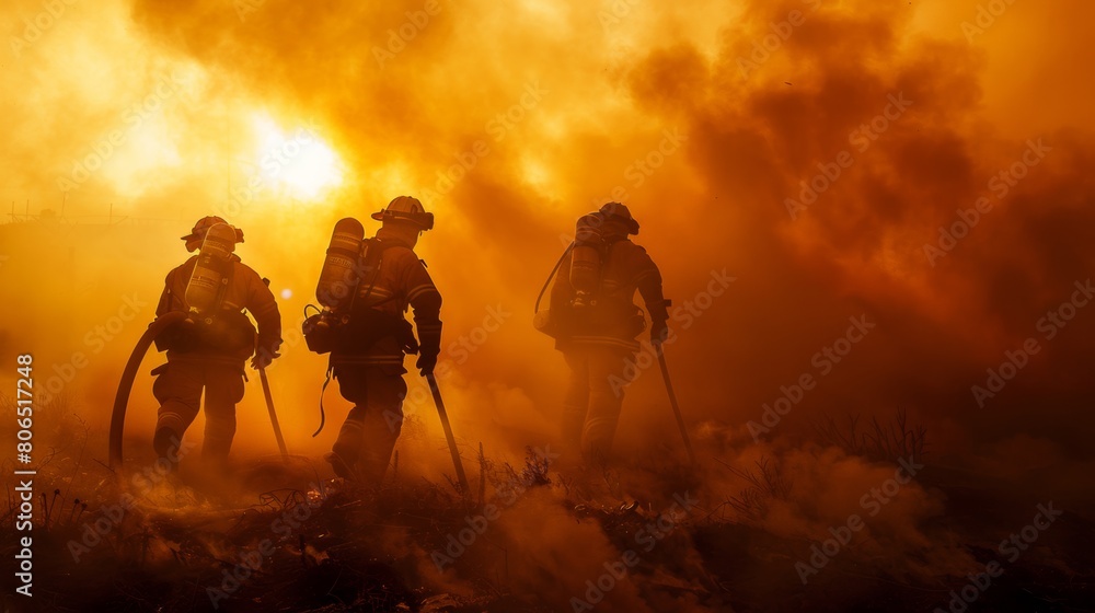 Firefighters battling flames in hazardous conditions, silhouetted ...
