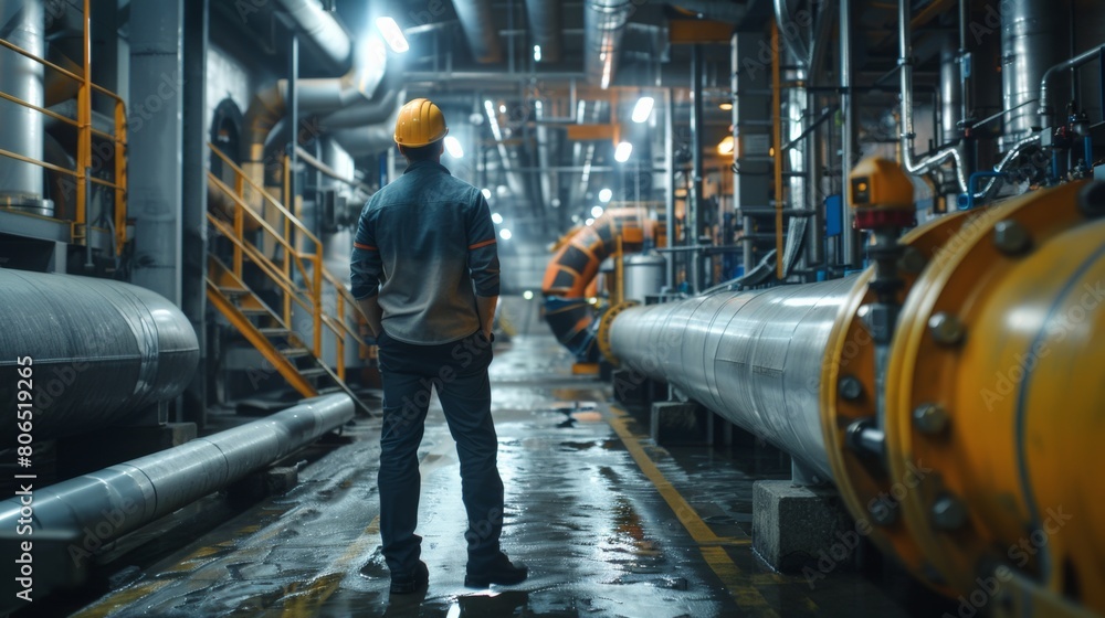 Mechanical engineer inspecting steam traps and pipelines for leaks and ...