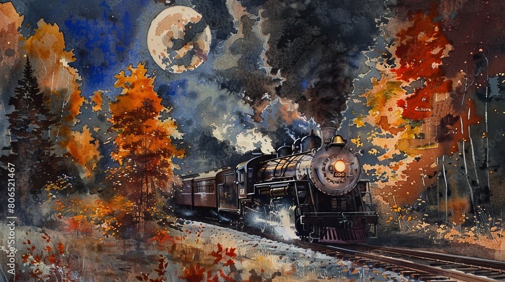 Artistic watercolor featuring a train on a railroad, surrounded by fall ...