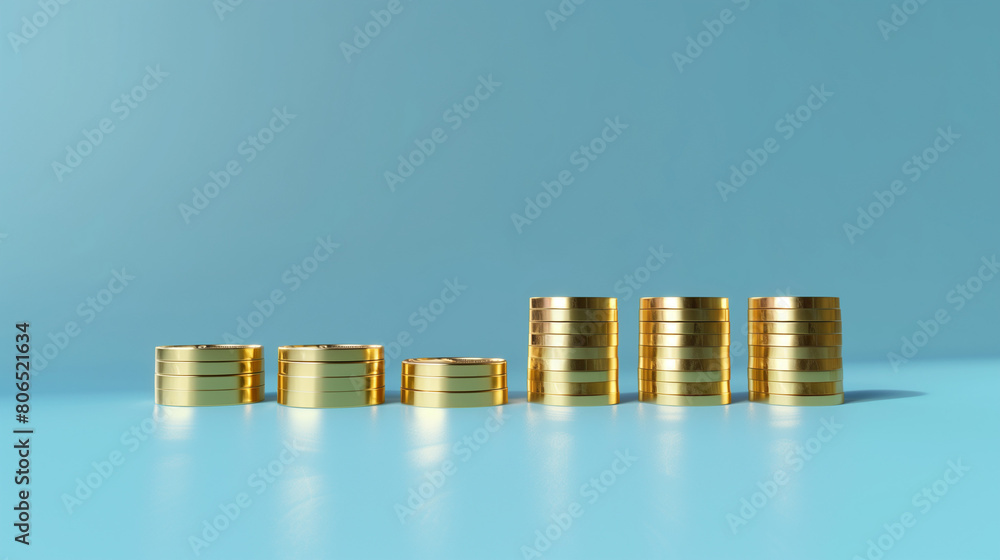 gold coin columns placed in a row over a blue plain background ...