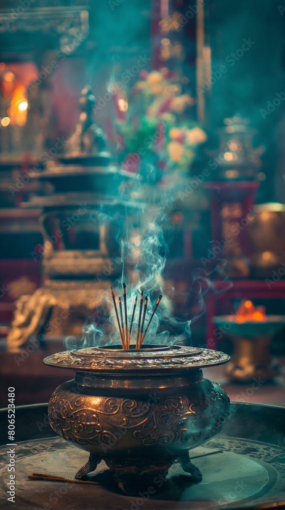 Incense sticks burn with smoke. Many incense sticks in a bronze bowl ...