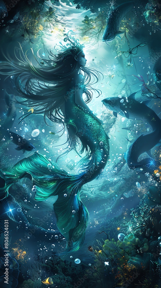 Explore the depths of the ocean with a surreal portrayal of a mermaid ...