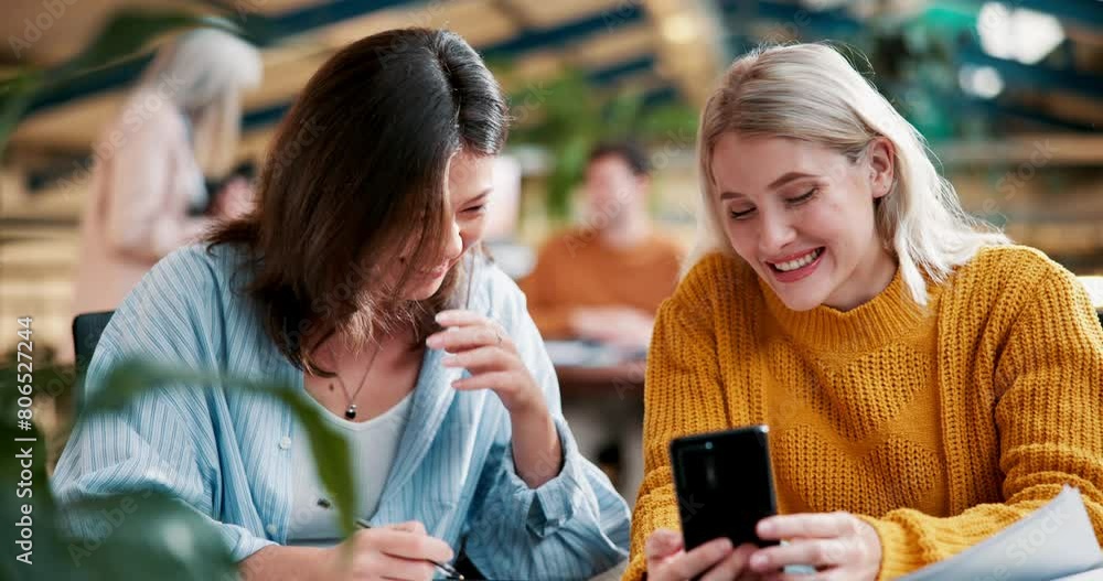 Coffee shop, laugh and women with phone in restaurant for bonding ...