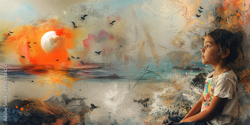 Design template with space for text, child girl, flowers, negative ...