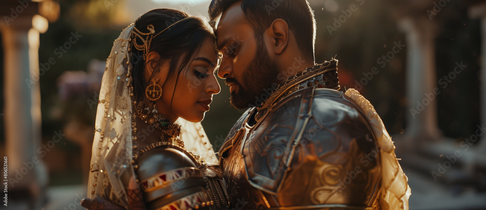 Sunset Embrace: Royal Couple in Traditional Armor, Romantic Role ...