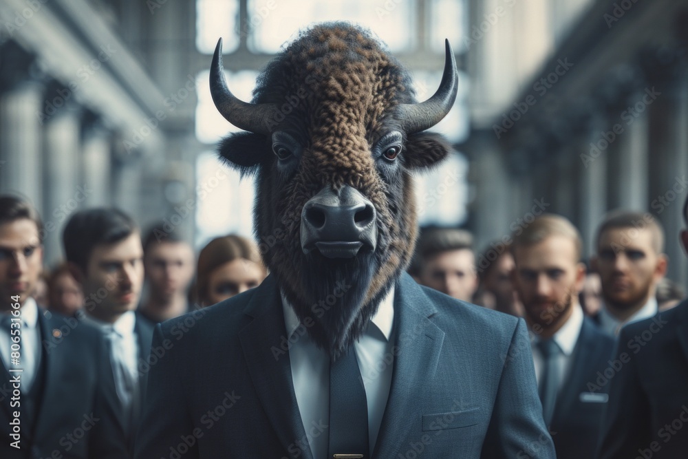 A American Bison in a crisp business suit, standing confidently in a ...
