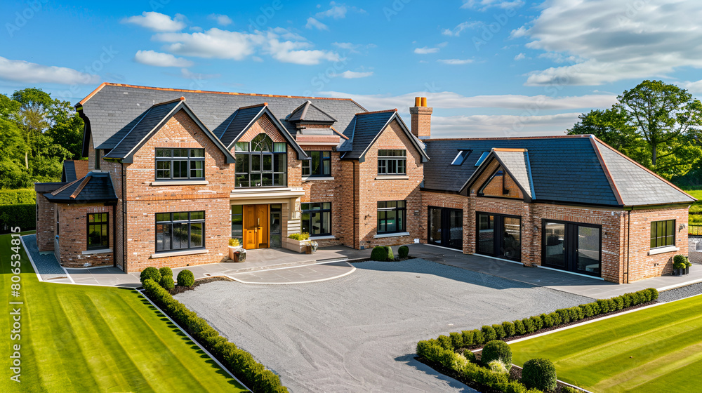 Custom build big luxury home in the suburbs,The front of a English ...