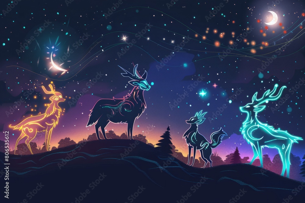 Cartoon cute doodles of shadow world animals with shimmering fur and ...