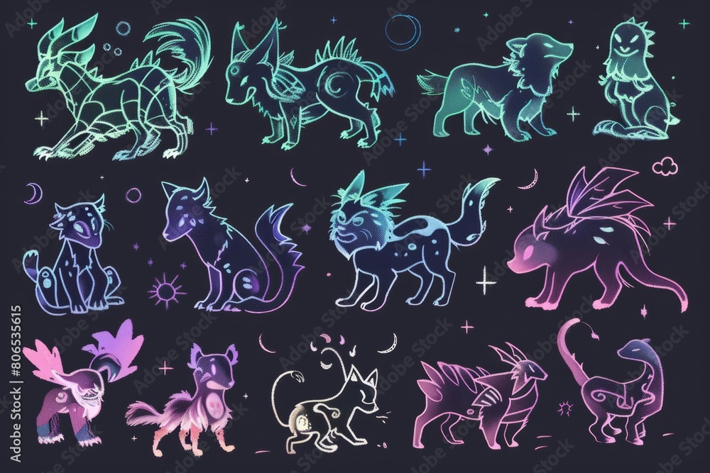 Cartoon cute doodles of shadow world animals with shimmering fur and ...