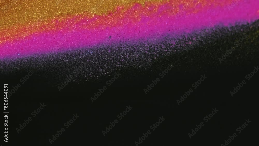 Ink spill. Glitter fluid drip. Blur black pink golden color shimmering ...