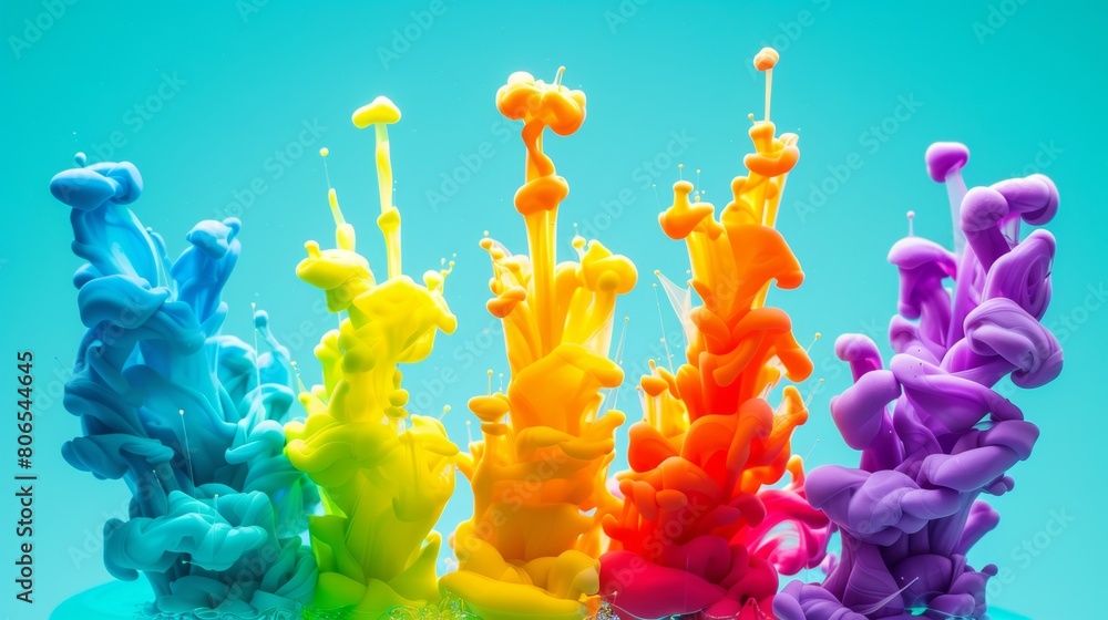 Various vibrant liquids of different colors pouring out energetically ...