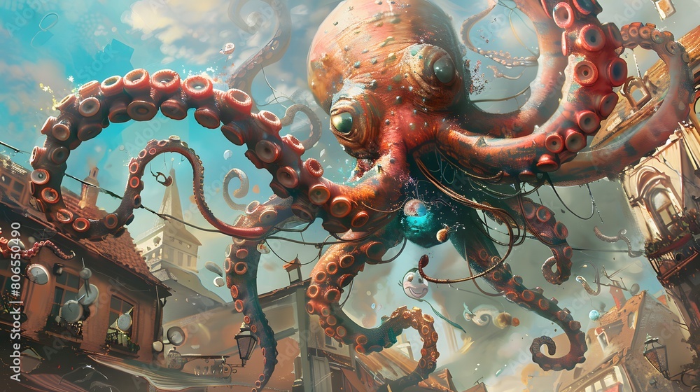 A large octopus with a blue object in its mouth is floating above a ...