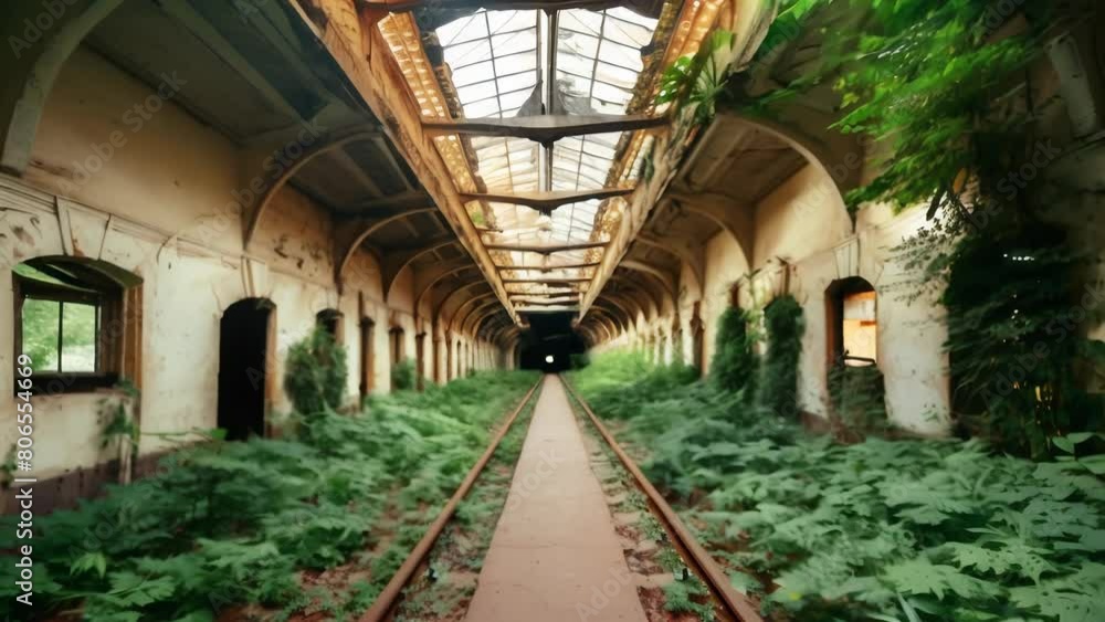 Overgrown train tracks lead into an abandoned arched brick tunnel, with ...