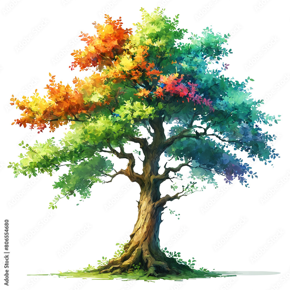 A colorful, rainbow-colored tree with various shades of green and ...