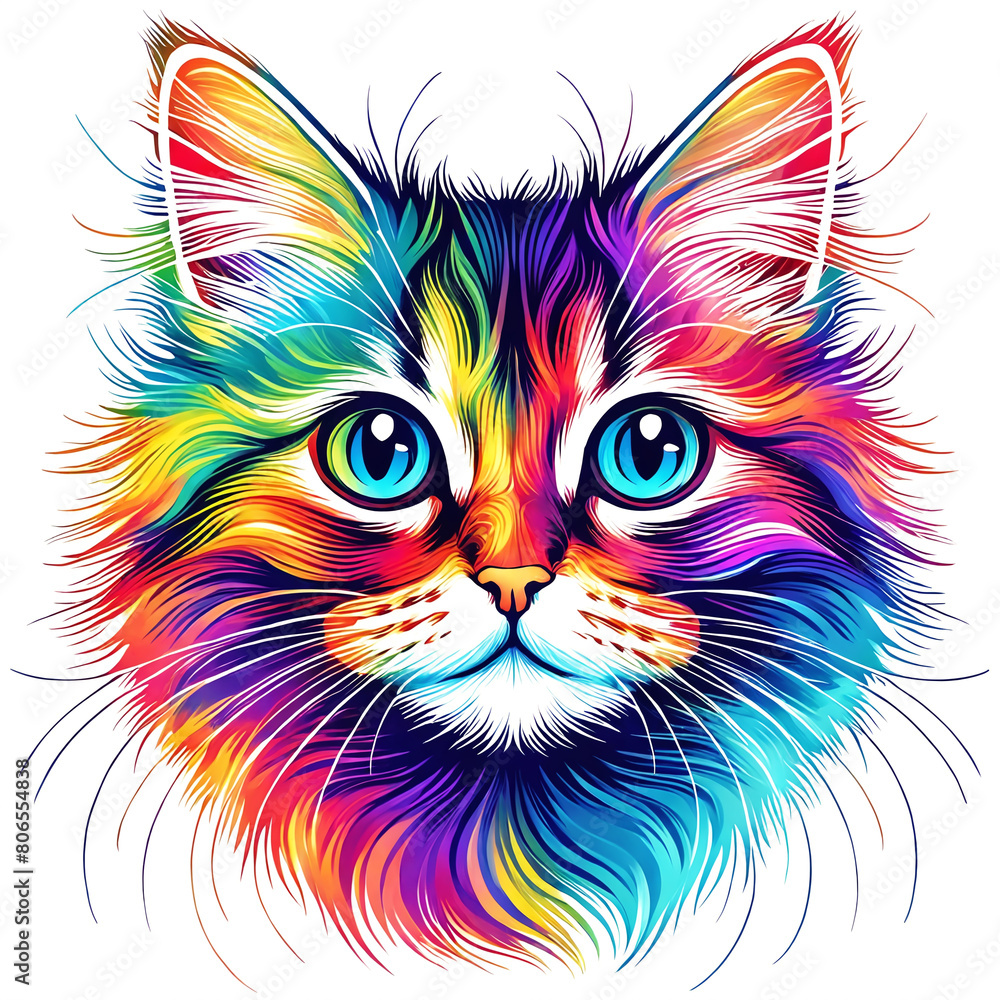 A colorful cat head with a big, bushy and long-haired rainbow fur. The ...