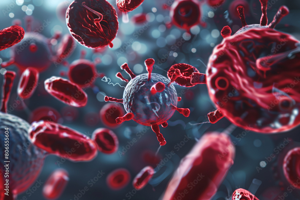 A close up of red blood cells with a virus in the middle. The virus is ...