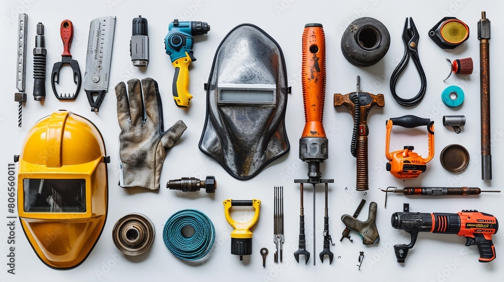 a collection of welding tools, such as a welding mask, gloves, welding ...
