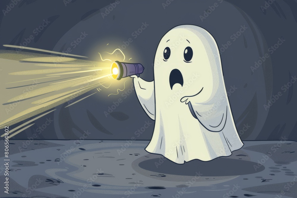 Cartoon cute doodles of a ghost who's afraid of the dark and carries a ...
